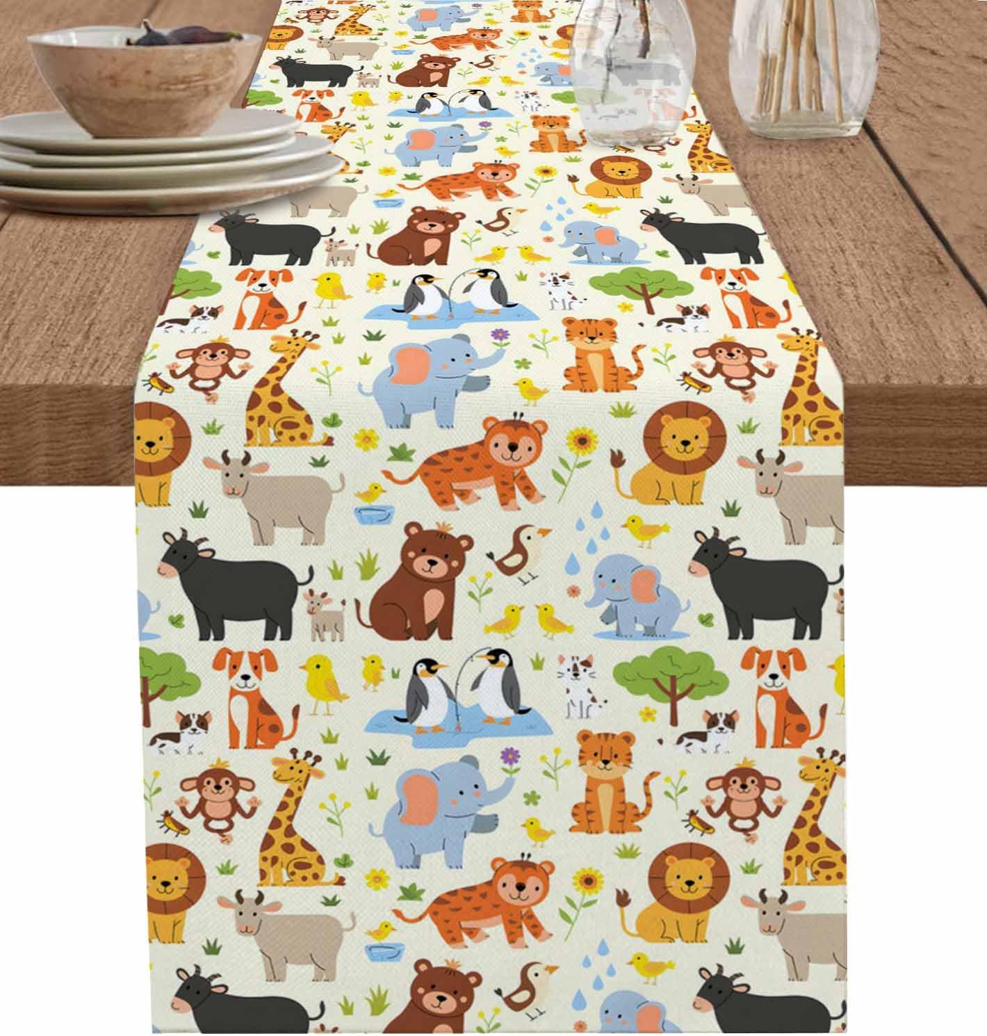 Amazon.com: Tiger Lion Table Runner Bird Cow Elephant Cartoon Animal ...