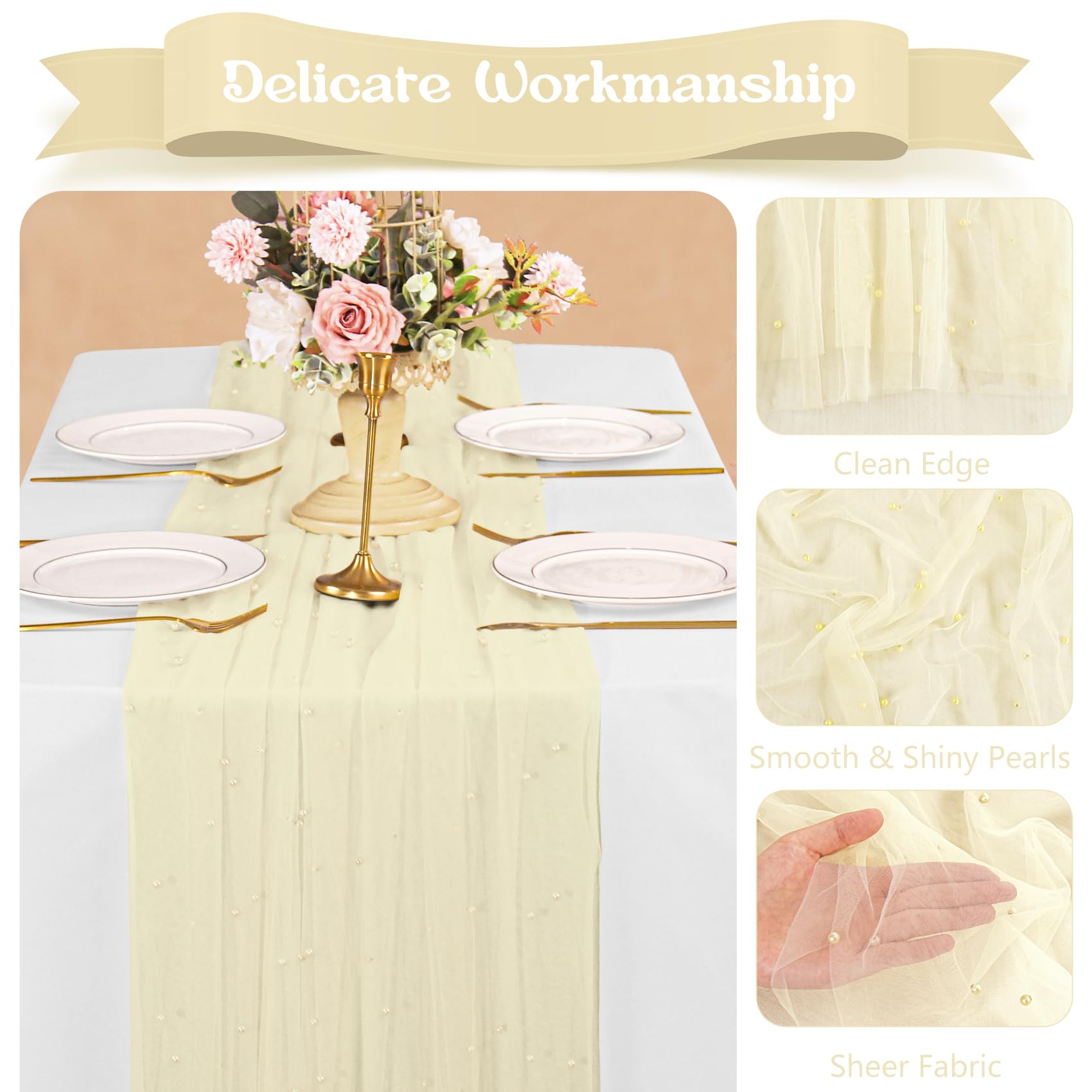 Snapklik.com : 12 Pack 10FT Pearl Table Runner 30x120 Inch Beige Tulle ...