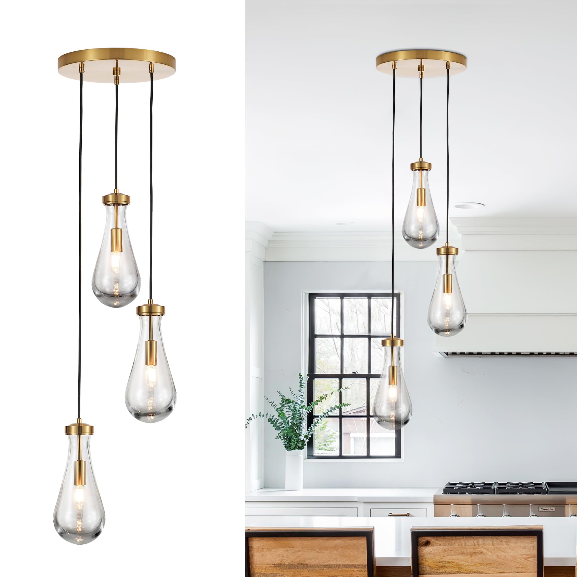 TACDANDM 3-Light Raindrop Pendant Light Fixtures, Brass Glass Pendant ...