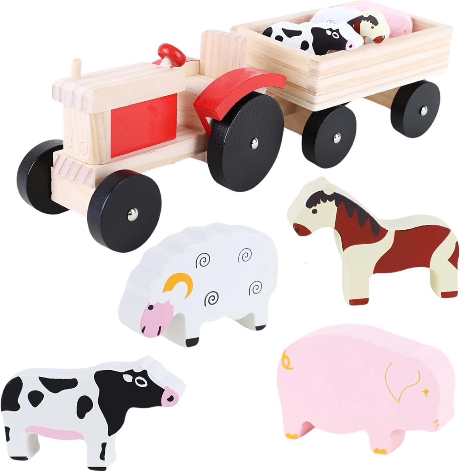 ADEPTNA Premium Wooden Tractor & Trailer Farm Animal Nursery Play Set ...