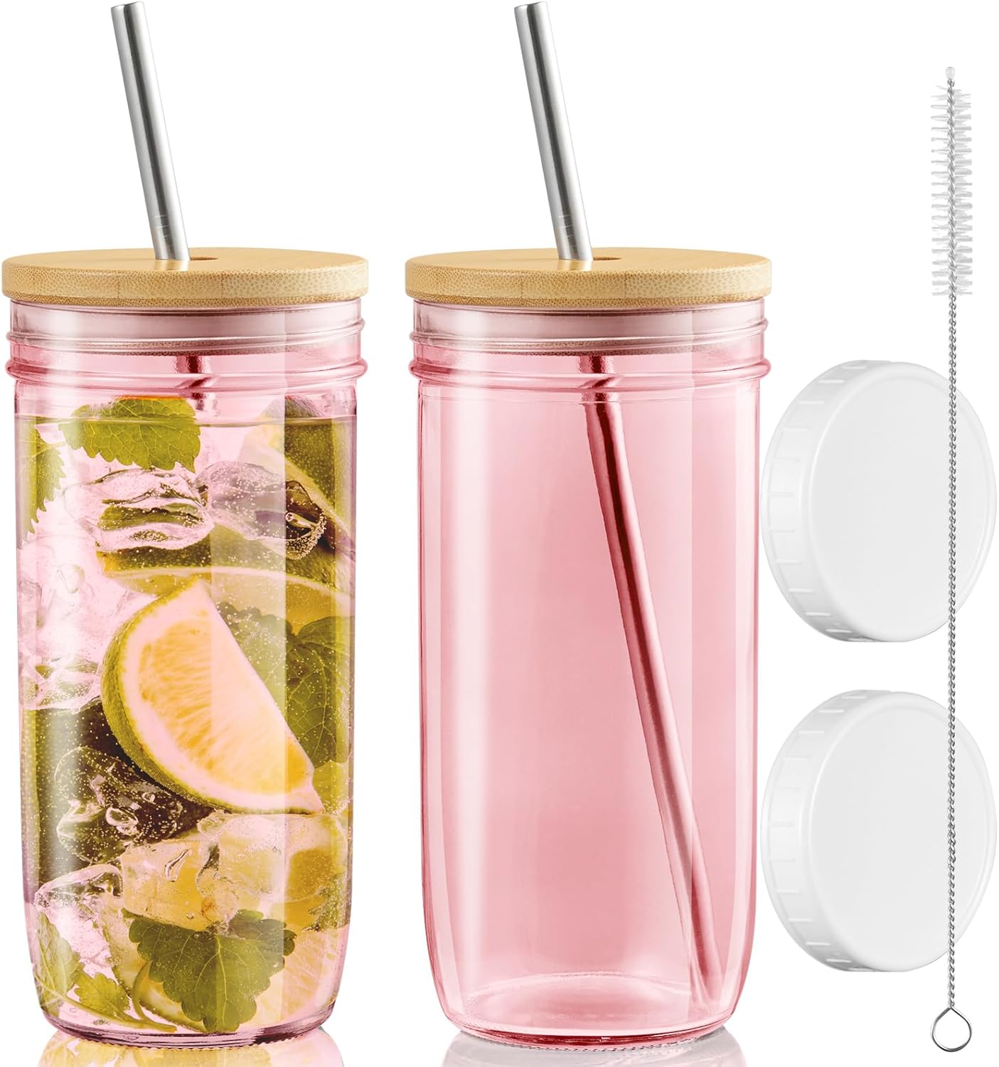 Amazon.com: DAYYET Pink Glass Cups Set - 24oz Mason Jar Drinking ...