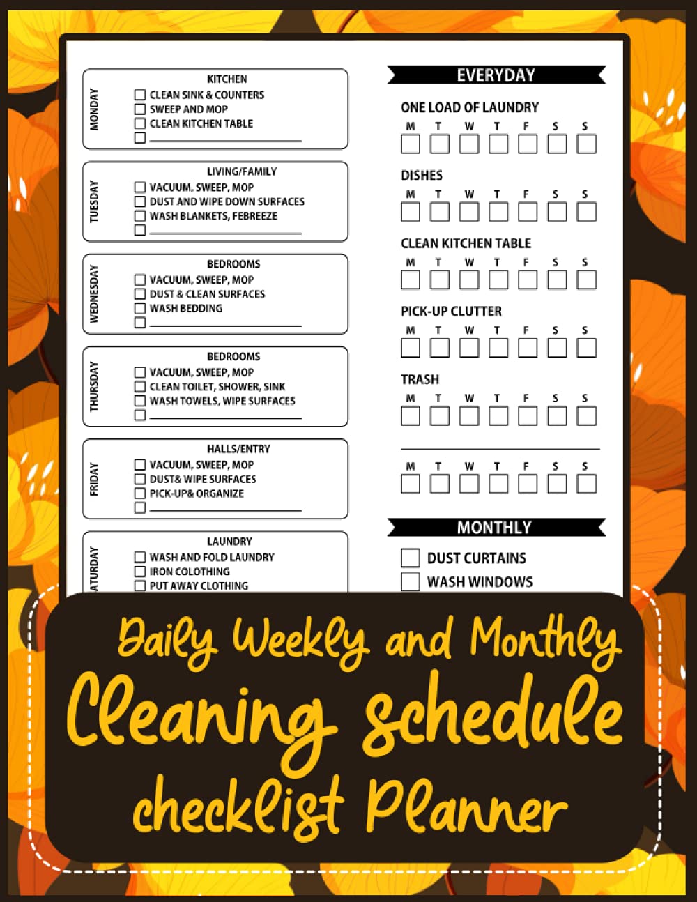 Daily Weekly and Monthly cleaning schedule checklist planner: Seasonal ...