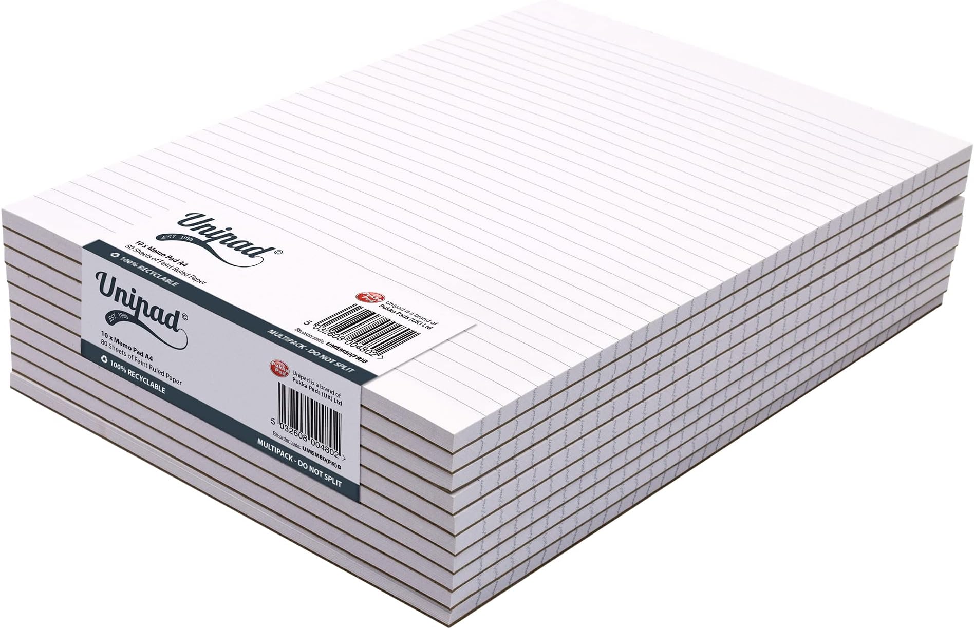 Pukka Pad, A4 Feint Ruled Unipad Memo Pad – Pack of 10 – 160 Pages, 80 ...