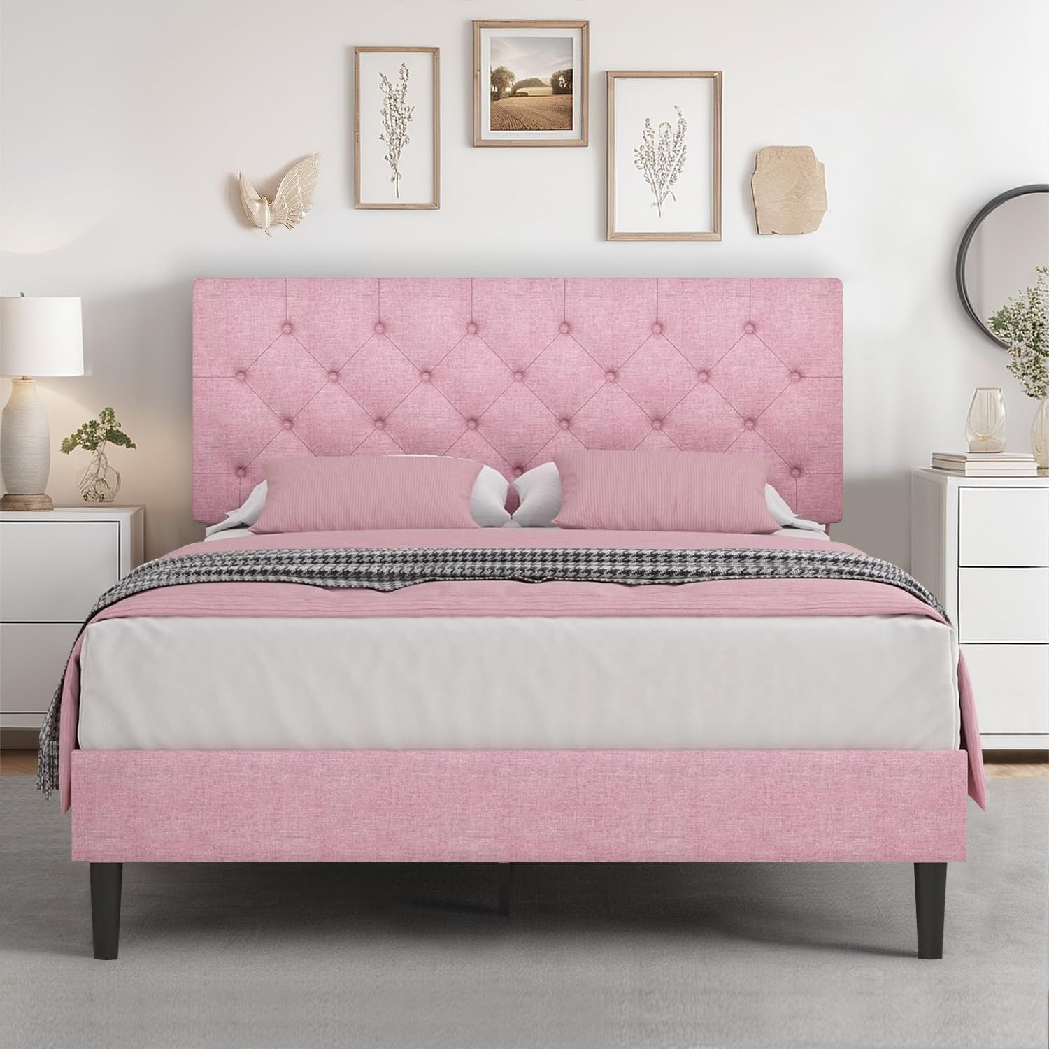 Amazon.com: HOMBCK Full Bed Frame with Headboard, Linen Fabric ...