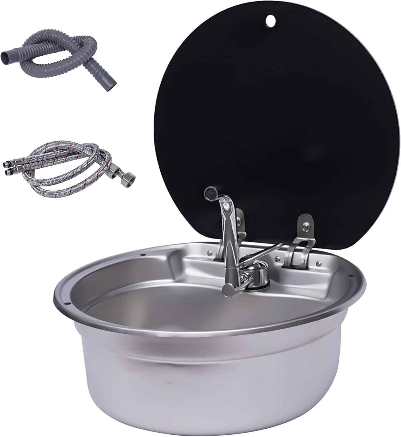 Small RV Round Sink with Glass Lid &Cold Hot Faucet, Bar Sink Drop in ...