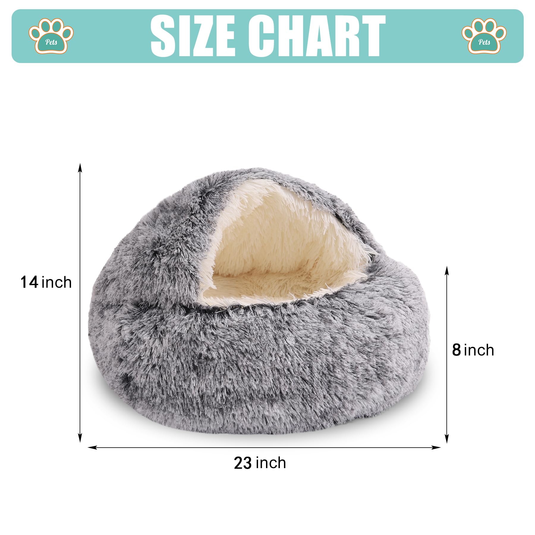 Round Dog and Cat Cave Bed with Hooded Cover, Pet Bed Hooded Plush Dog ...