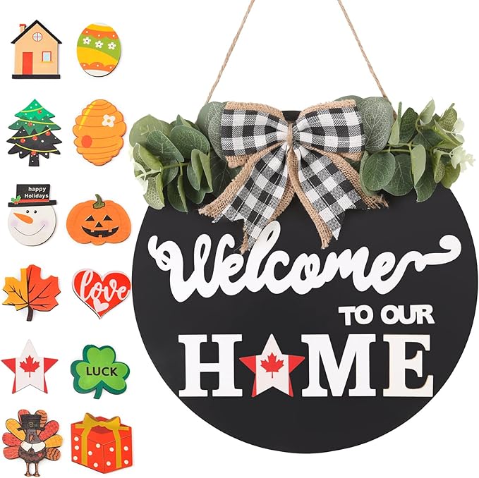 SWITTE Interchangeable Seasonal Welcome Sign Home Decor, Rustic Round ...