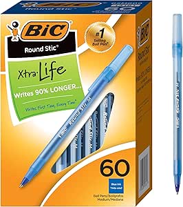 BIC Round Stic Xtra Life Ballpoint Pens, Medium Point (1.0mm), Blue, 60-Count Pack, Flexible ...