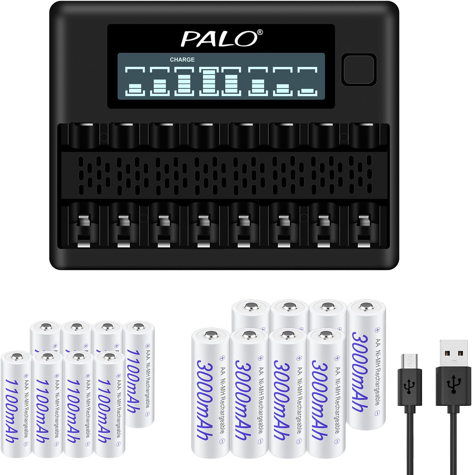 AA AAA Batteries Combo with Charger, 8 Packs AA 3000mAh and 8 Pack AAA ...