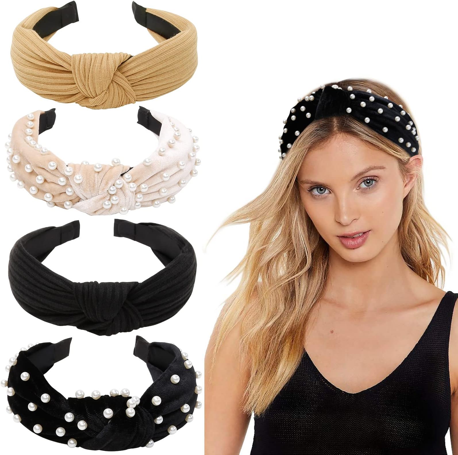 Amazon.com : WOVOWOVO Headbands for Women Girls Knotted Wide Pearl head ...