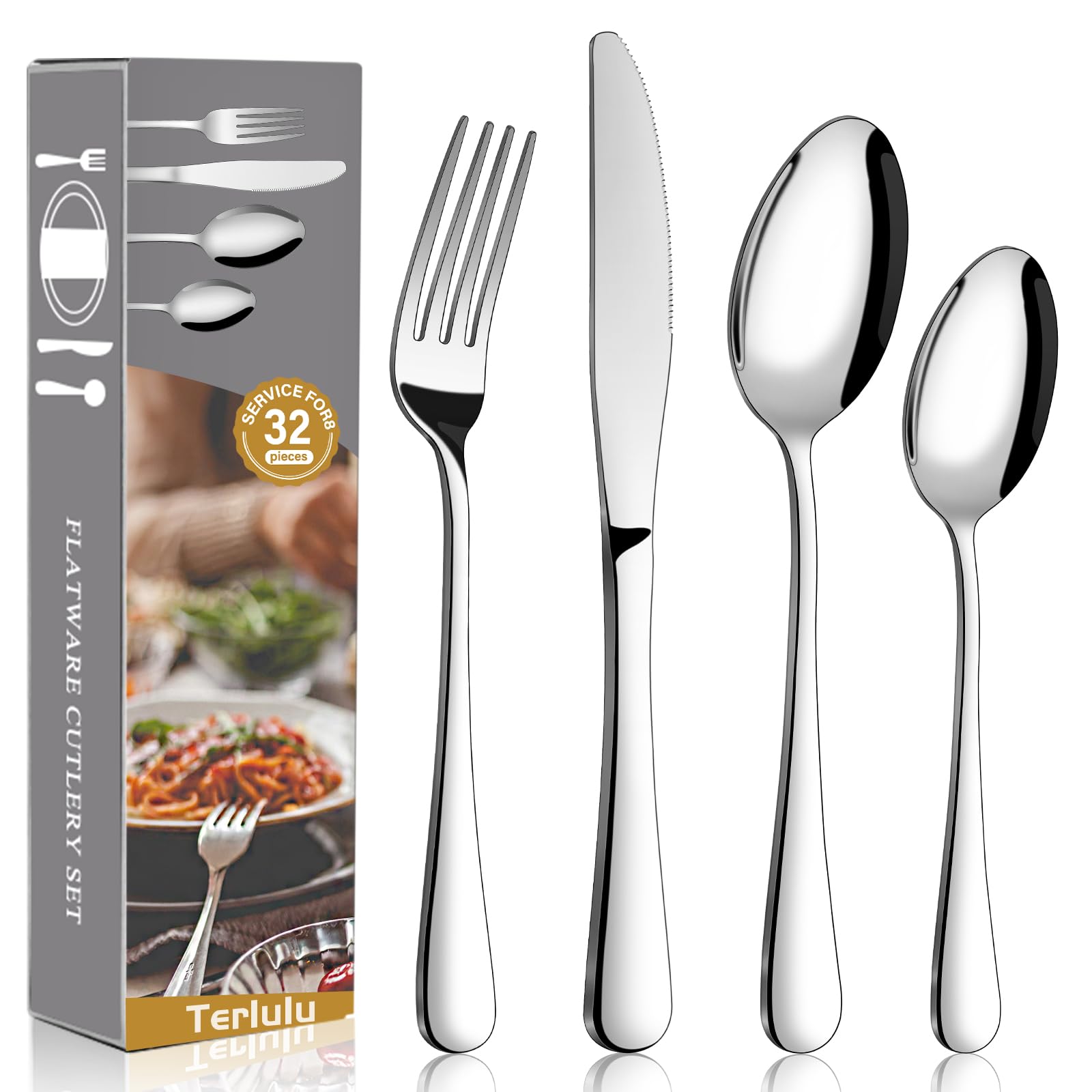 Cutlery Set, 32 Piece Stainless Steel Flatware Set Including Knives ...