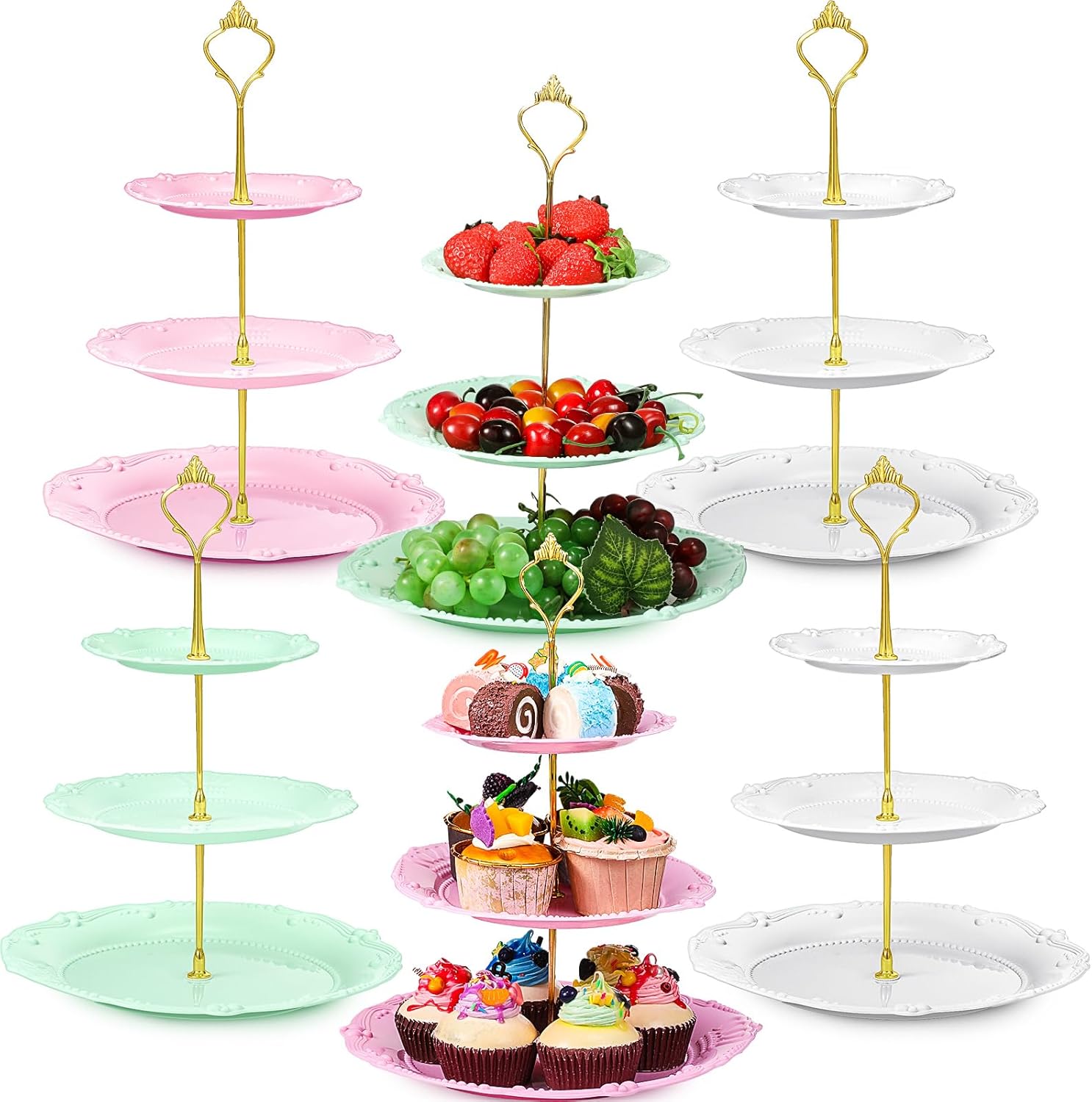 Amazon.com: Gandeer 6 Sets of 3 Tier Plastic Cupcake Stand Tea Party ...