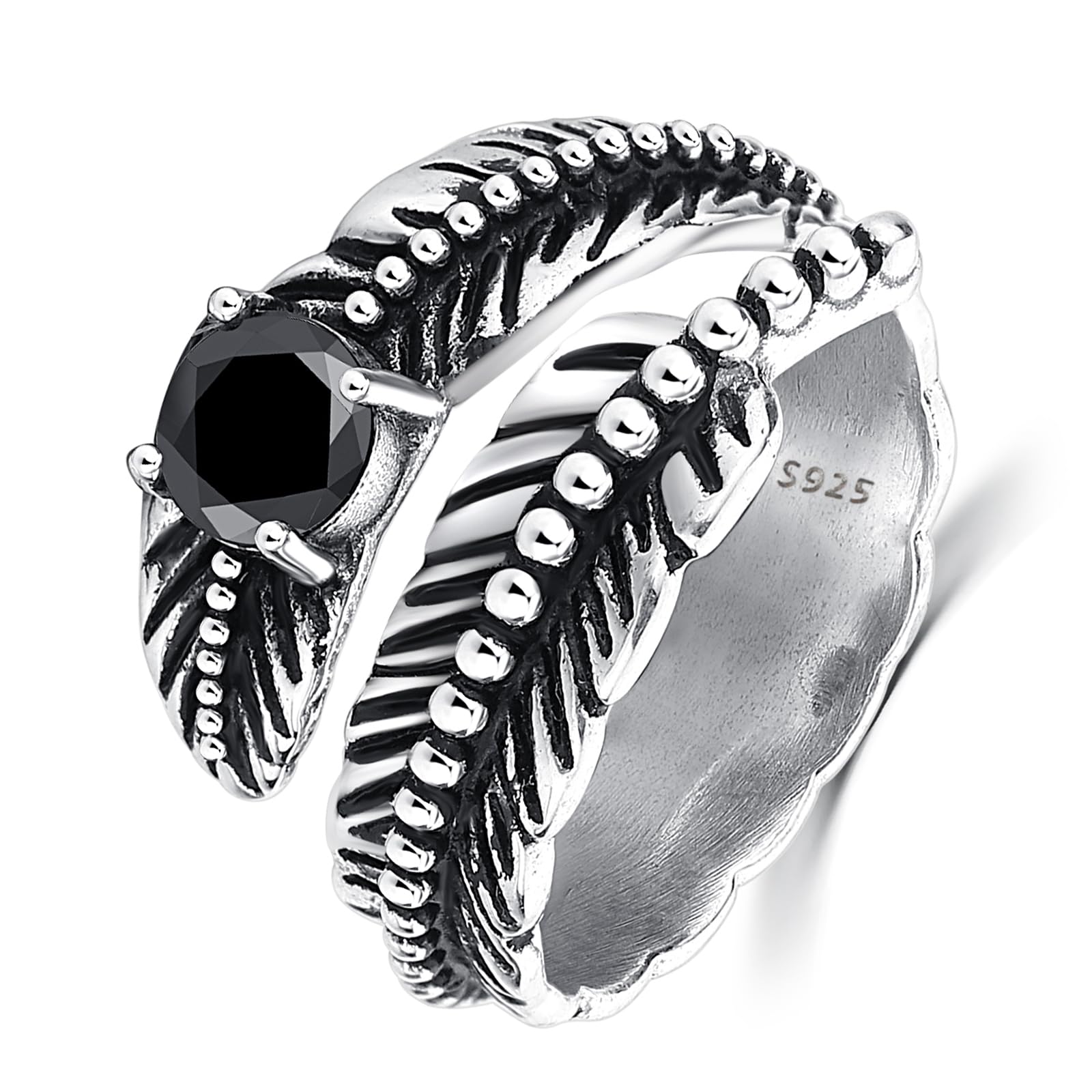 Amazon.com: AVECON 925 Sterling Silver Ring Black Onyx Rings Adjustable Feather Ring with 4mm ...