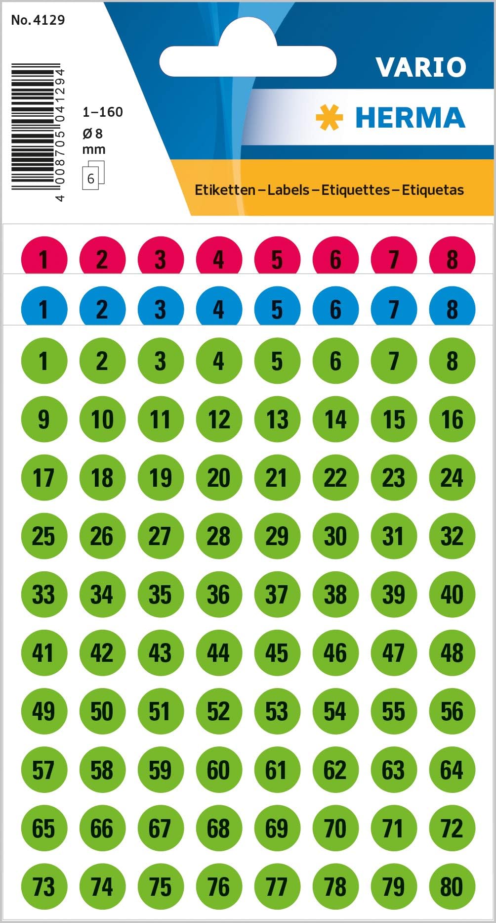HERMA 4129 Number Stickers, Black, 1-160 Round, 480 Pieces, Diameter 8 ...