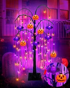 Amazon.com : 4Ft 90LED Orange & Purple Lighted Halloween Willow Tree ...