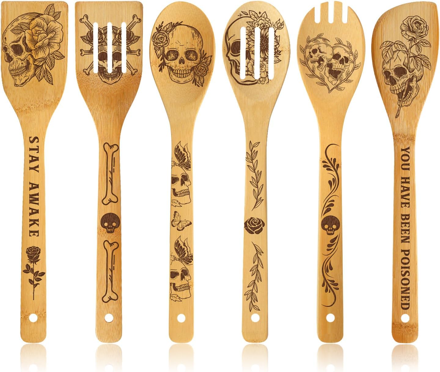 Amazon.com: 6 Pcs Skull Engraved Bamboo Cooking Utensils Set, Halloween ...