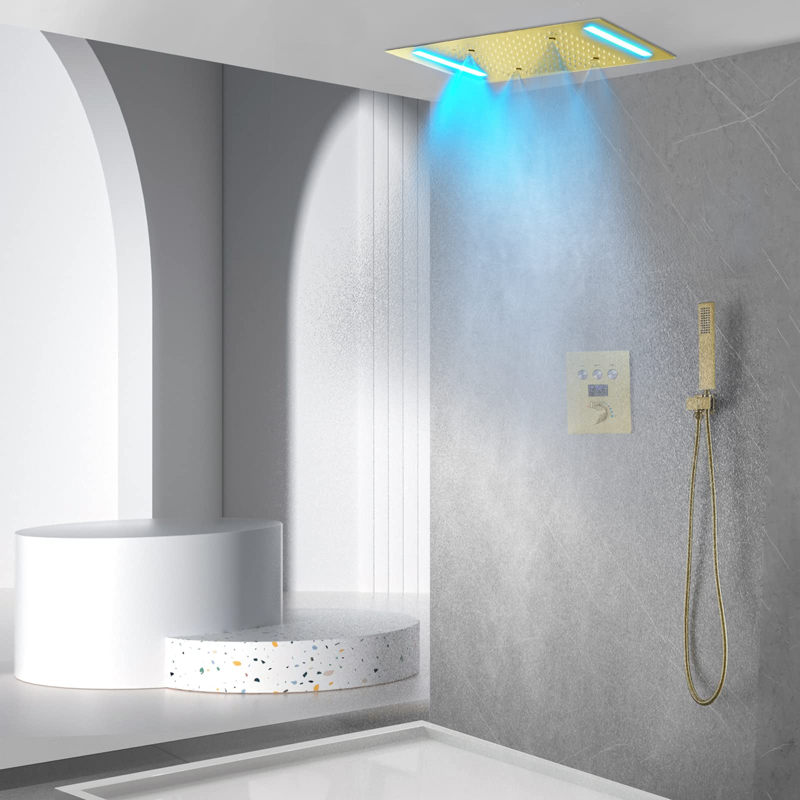 Brushed Gold 14 X 20 Inch LED Ceiling Rain Shower Head with Handheld ...