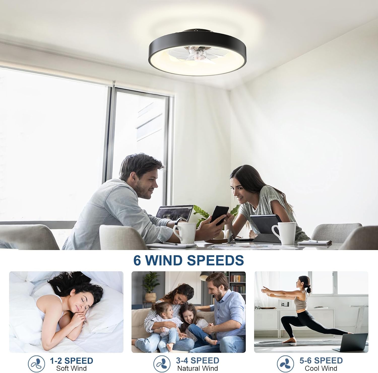 AKT LIGHTING 20” Modern Flush Mount Ceiling Fans with Lights, Smart ...
