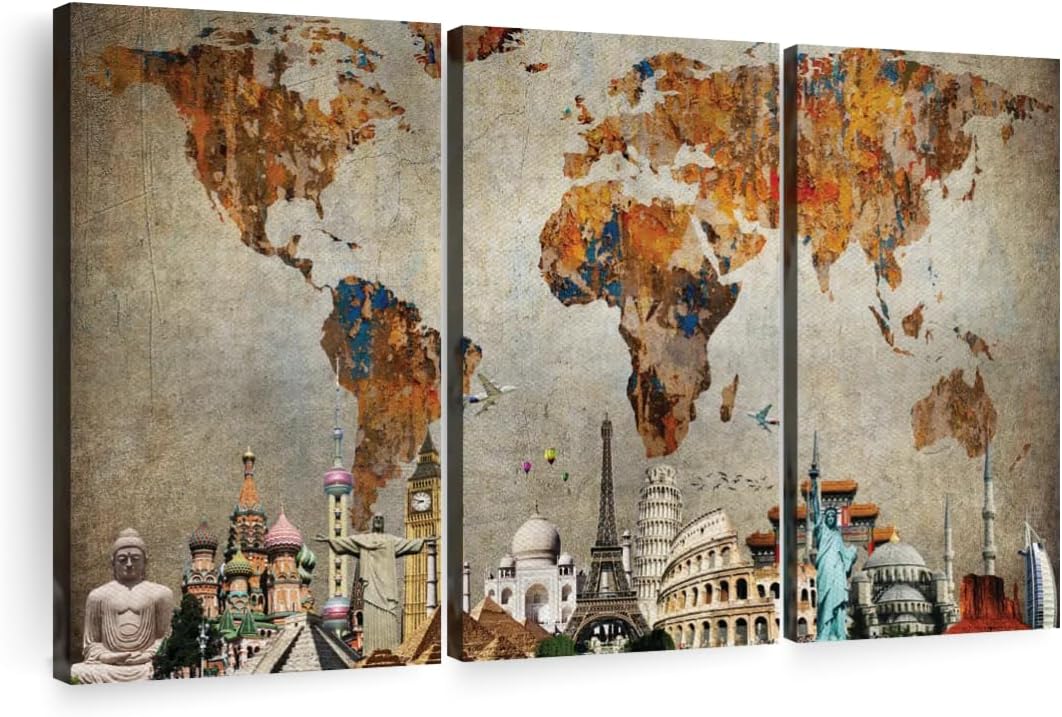 Amazon.com: Elephant Stock Rusty World Map Multi Piece Canvas - 3 Piece ...