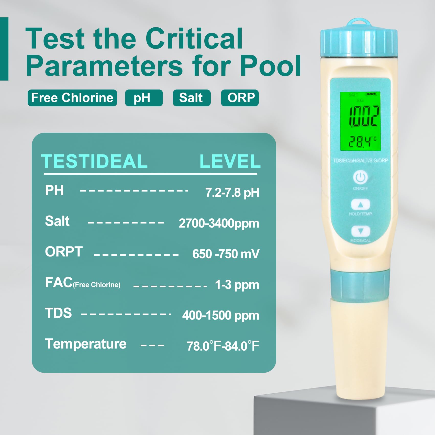 Saltwater Pool Tester 7-in-1 Digital PH & Salt Meter For Pools | Test ...
