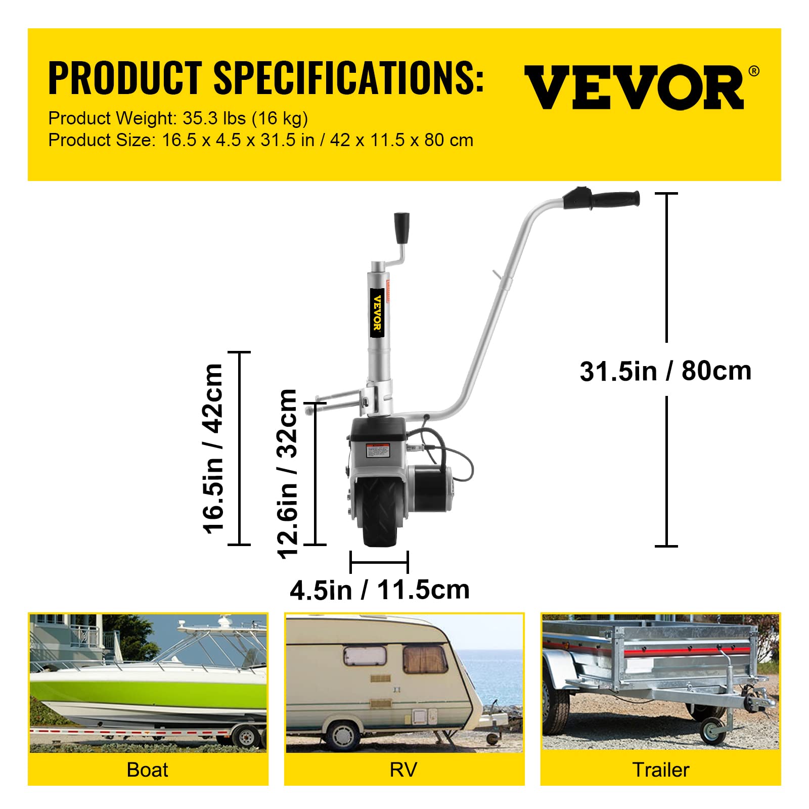 Buy VEVOR 350W Trailer Mover, 12V Electric Trailer Jack, Max Vehicle ...