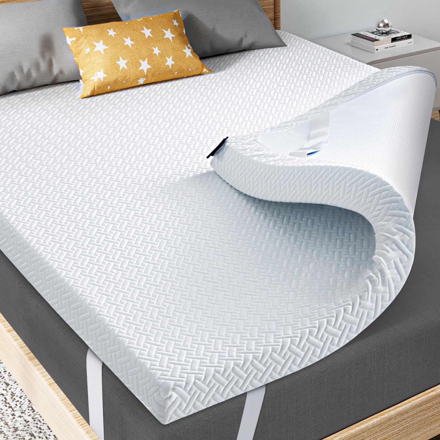 Maxzzz Double Mattress Topper, 4 Inch Bamboo Charcoal Memory Foam & Gel ...