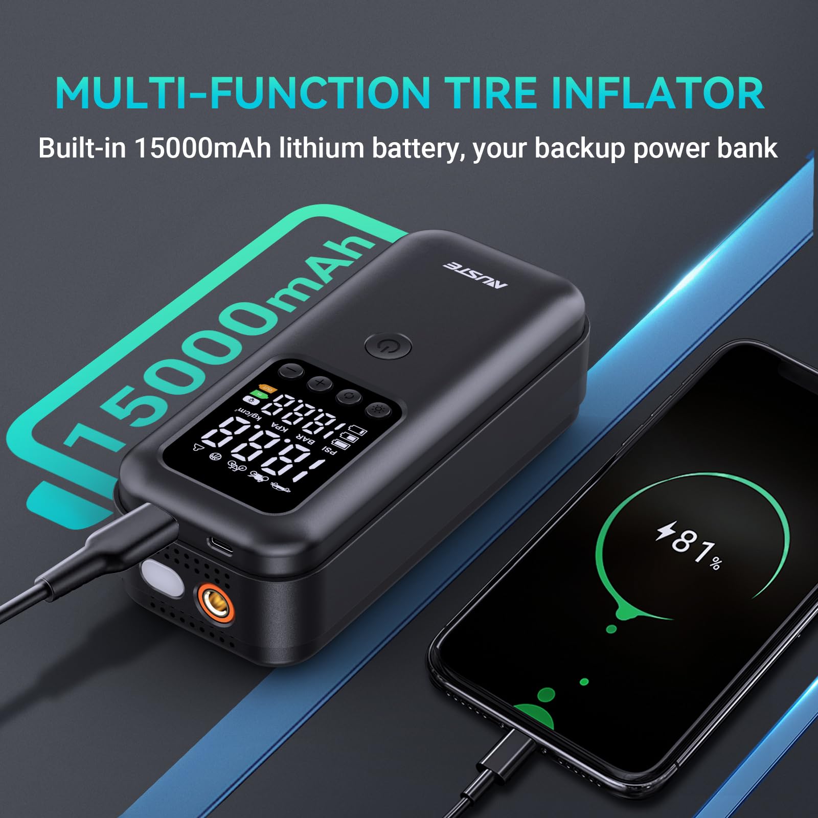 NUSTE Cordless Tire Inflator Portable Air Compressor, 150PSI 2X Faster ...