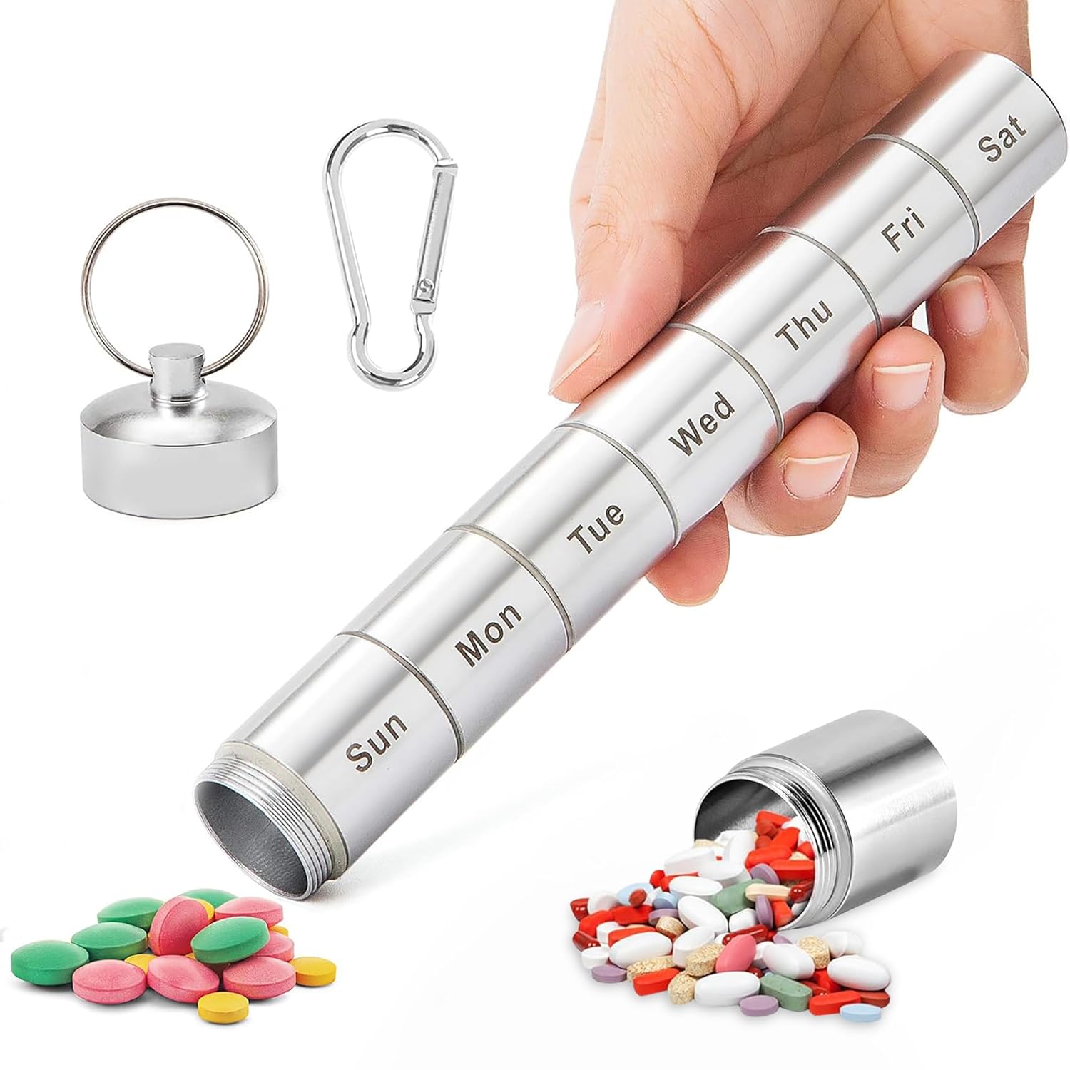 GLUN® Aluminium Weekly Pill Rod, Keychain 7 Compartments Pill Case ...