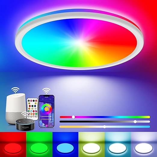 zemty Smart RGB Ceiling Light Dimmable, 24W 3000K-6500K Flash Mount ...