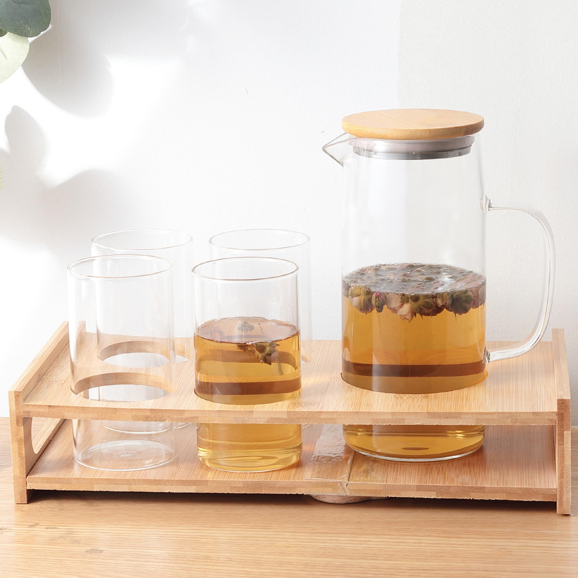 The Better Home Zest Glass Jug Set with Bamboo Tray and 4 Water Glasses ...