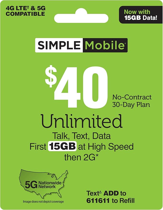 Amazon.com: SIMPLE Mobile $40 Unlimited Talk,Text&Data(15GB High–Speed ...