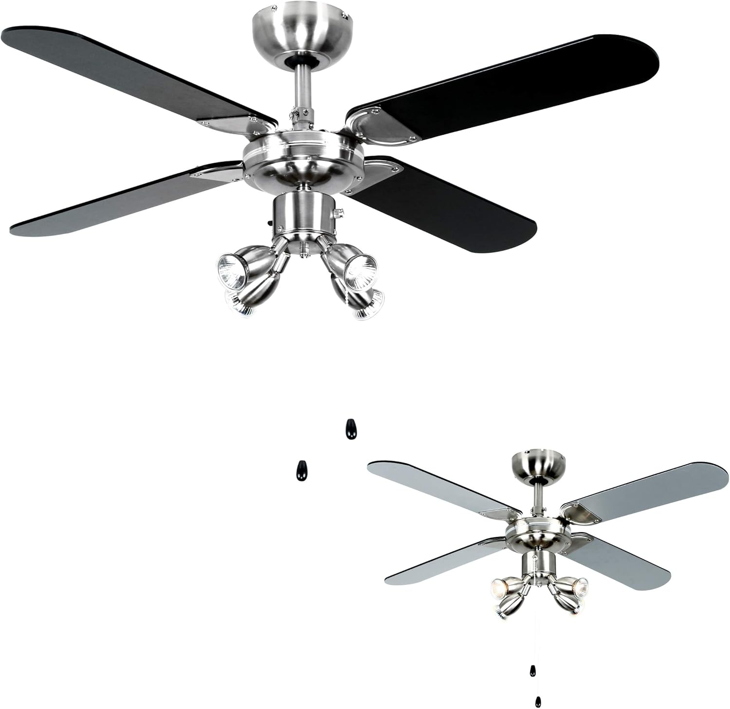 MiniSun | Chrome 42" Modern Ceiling Fan with Spot Lights & Black/Silver ...