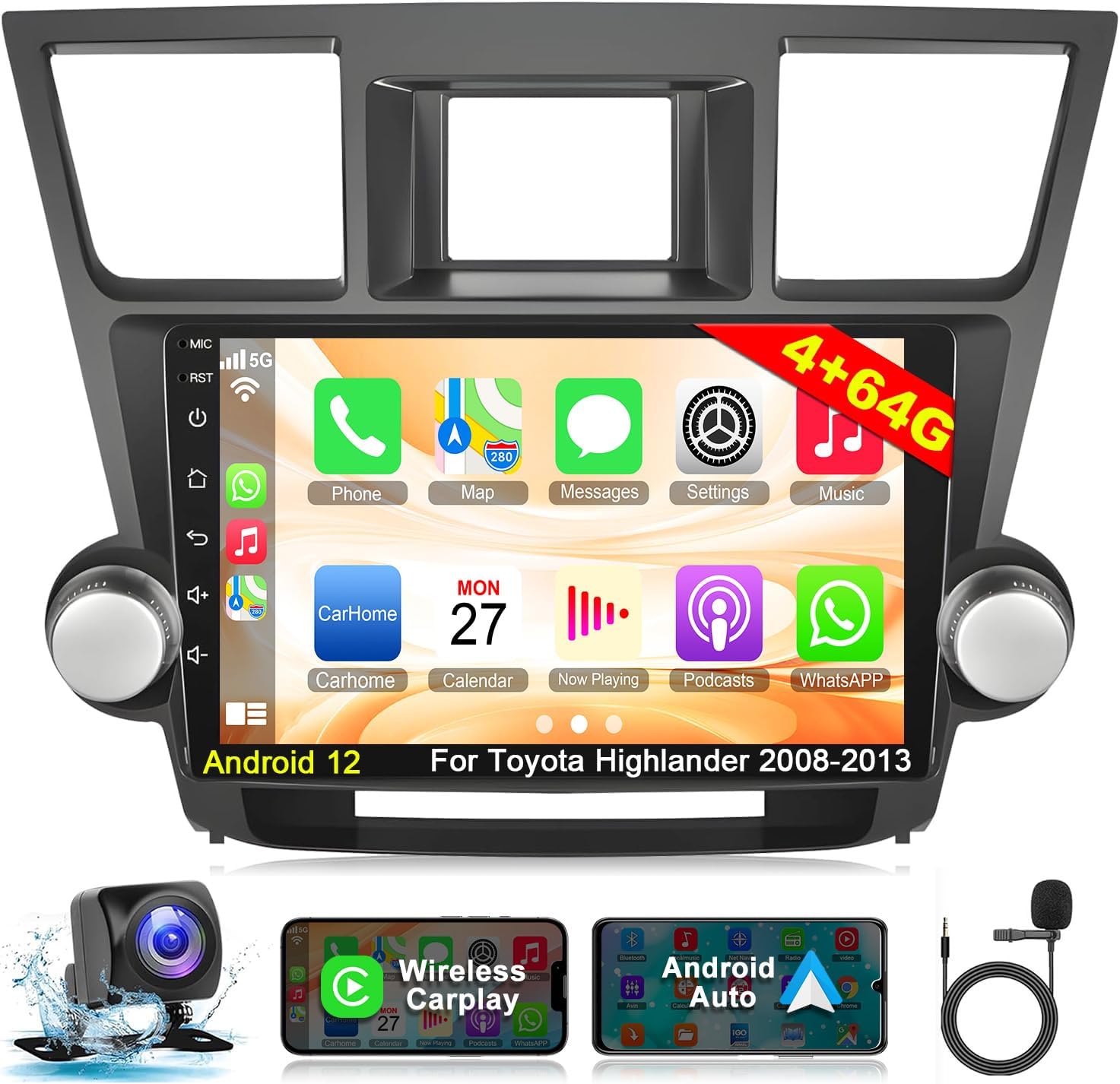 Amazon.com: 4G+64G Car Radio Stereo for Toyota RAV4 2007-2012, Wireless ...