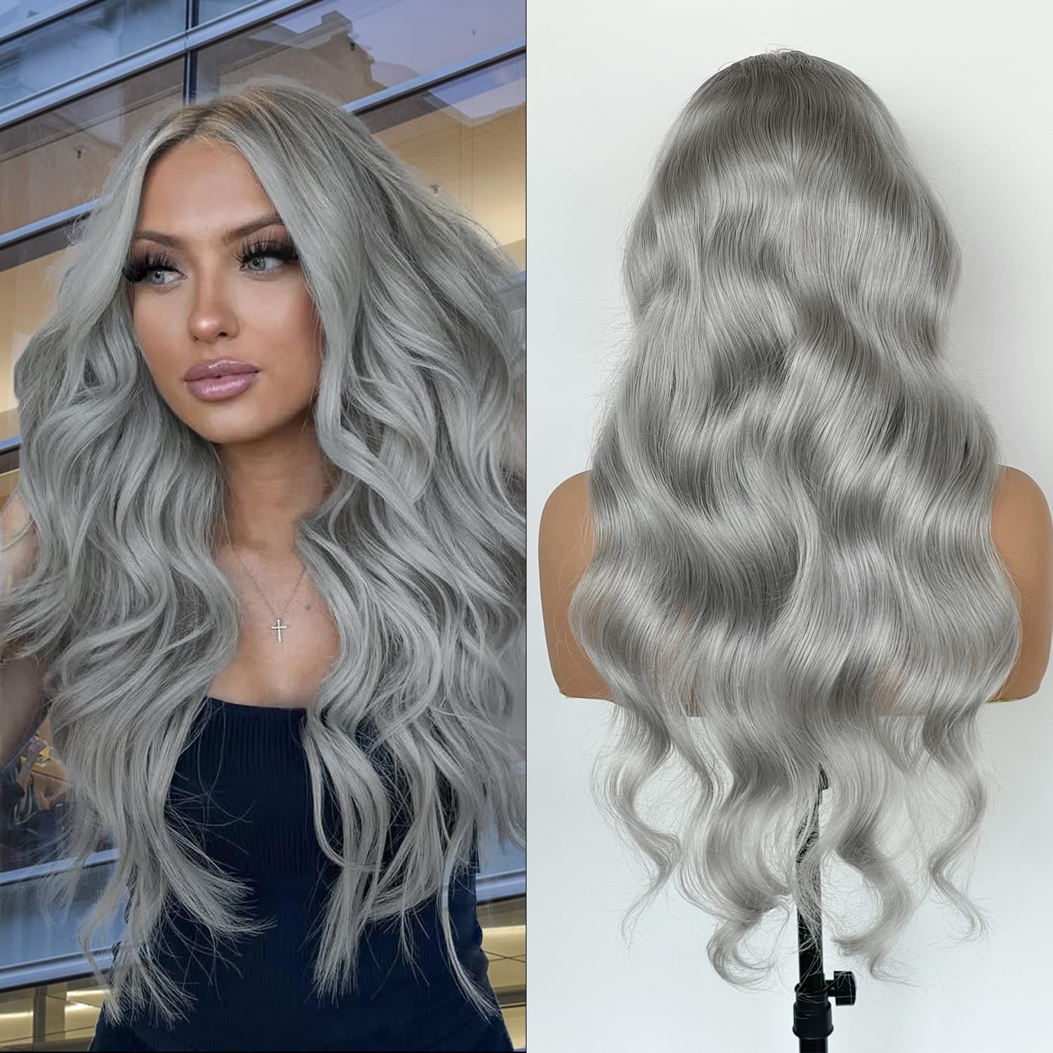Amazon.com : FINMOO Grey Silver Lace Front Wigs Human Hair 200% Density ...