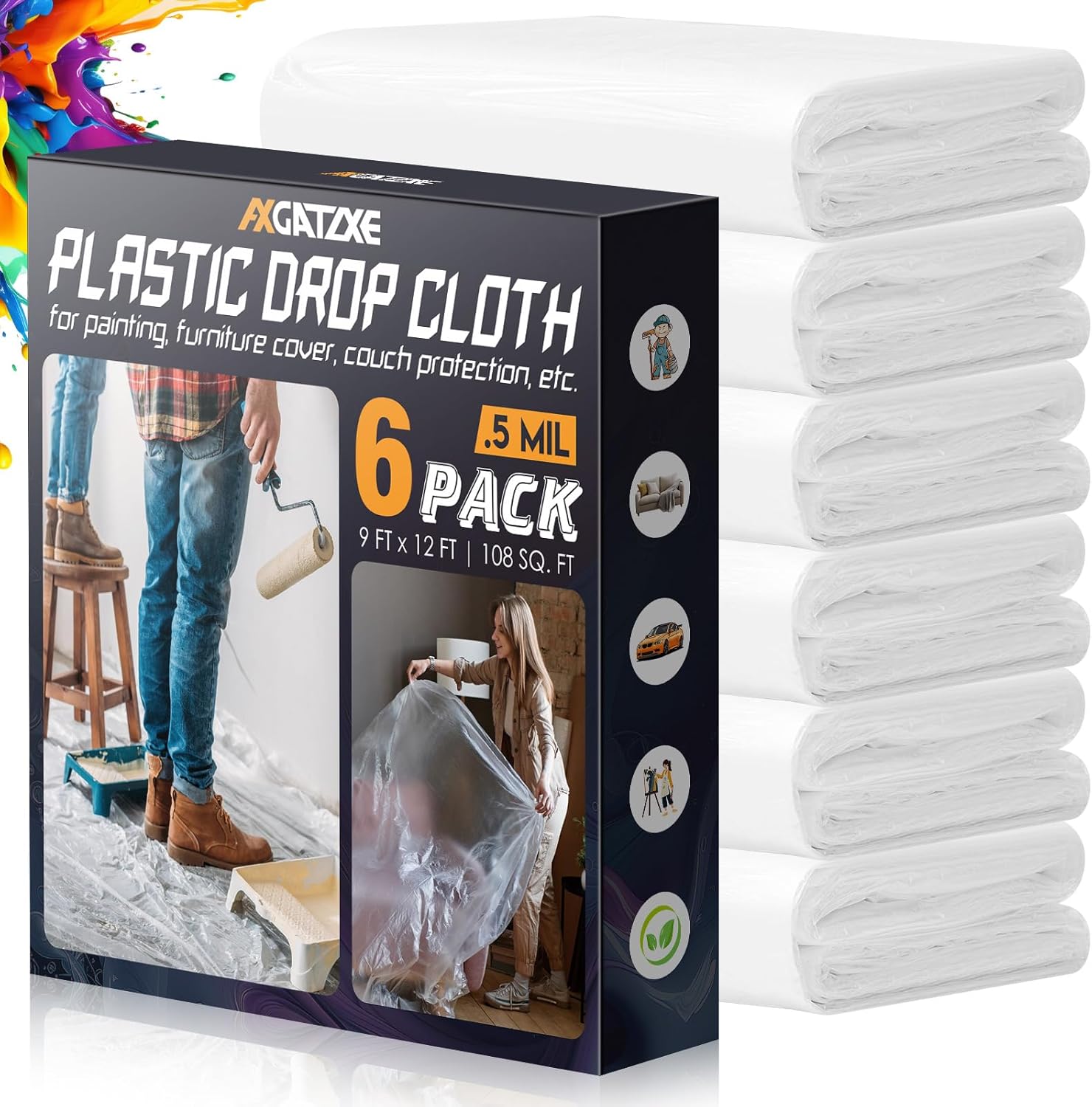 Amazon.com: 12 x 9 Ft Plastic Drop Cloths (6-Pack) - Disposable Painter ...