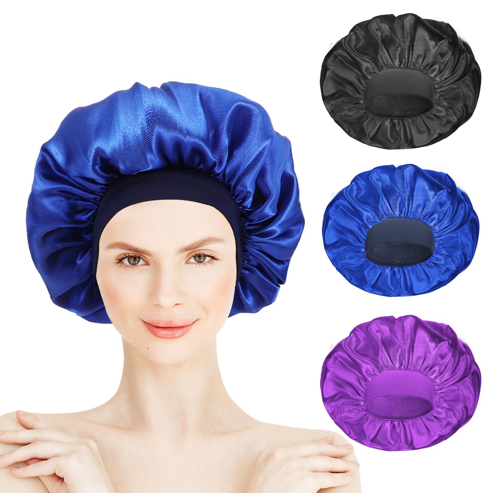 COMNICO Satin Bonnet for Sleeping, 3 Pcs Silk Bonnets Wide Soft Women ...