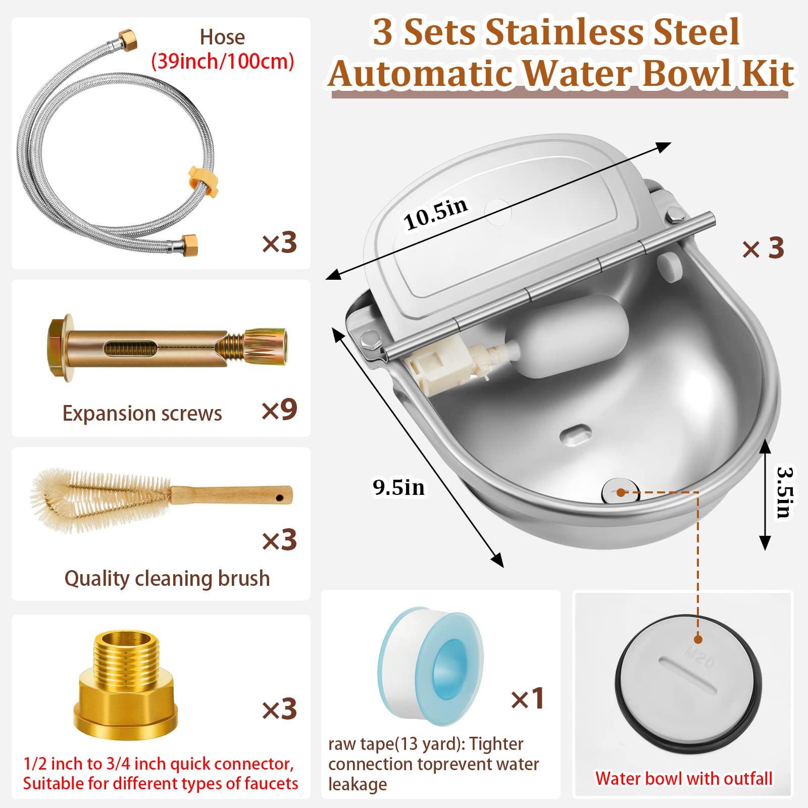 3 Set Automatic Animal Drinking Water Bowl with Float Valve Stainless ...