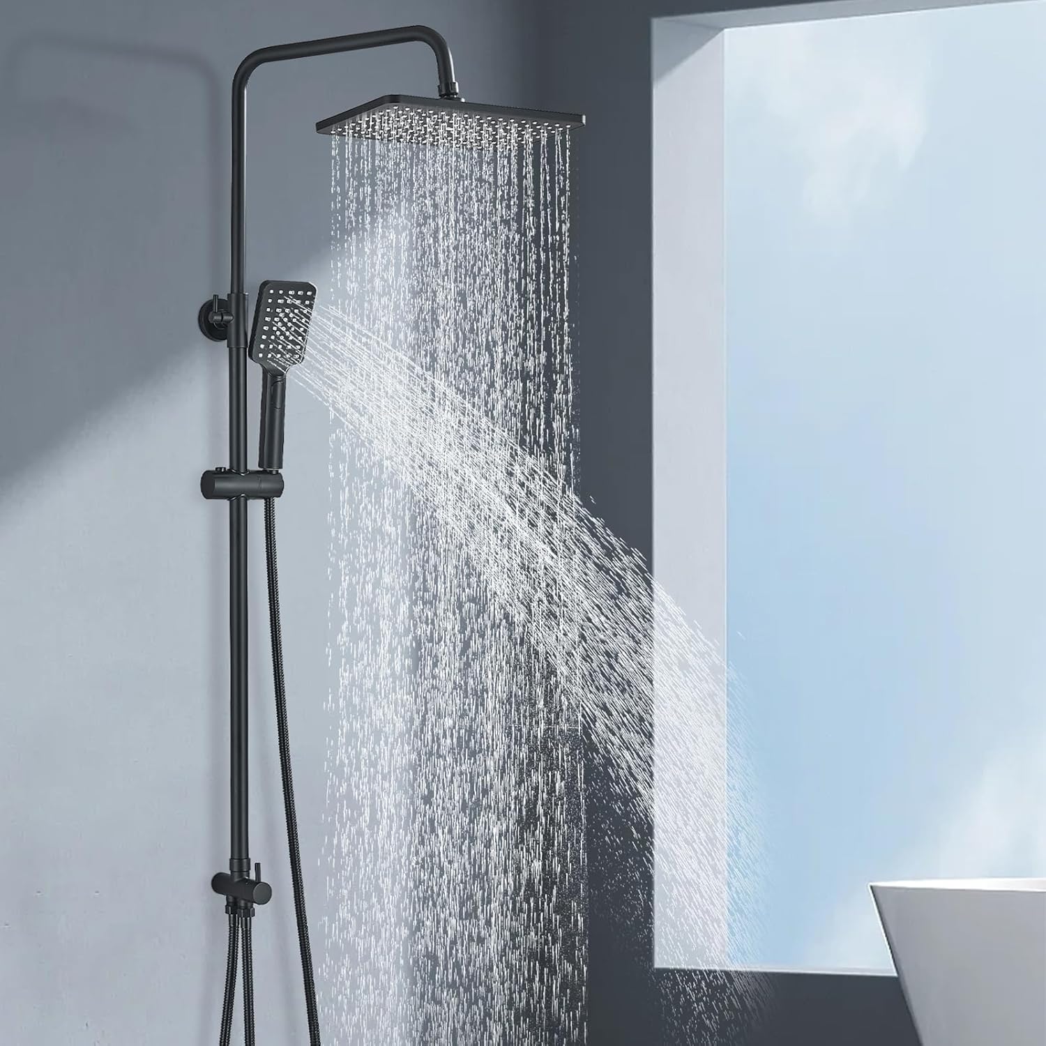 Rozin Shower System Set Black Shower Kit Square Rainfall Shower Head ...