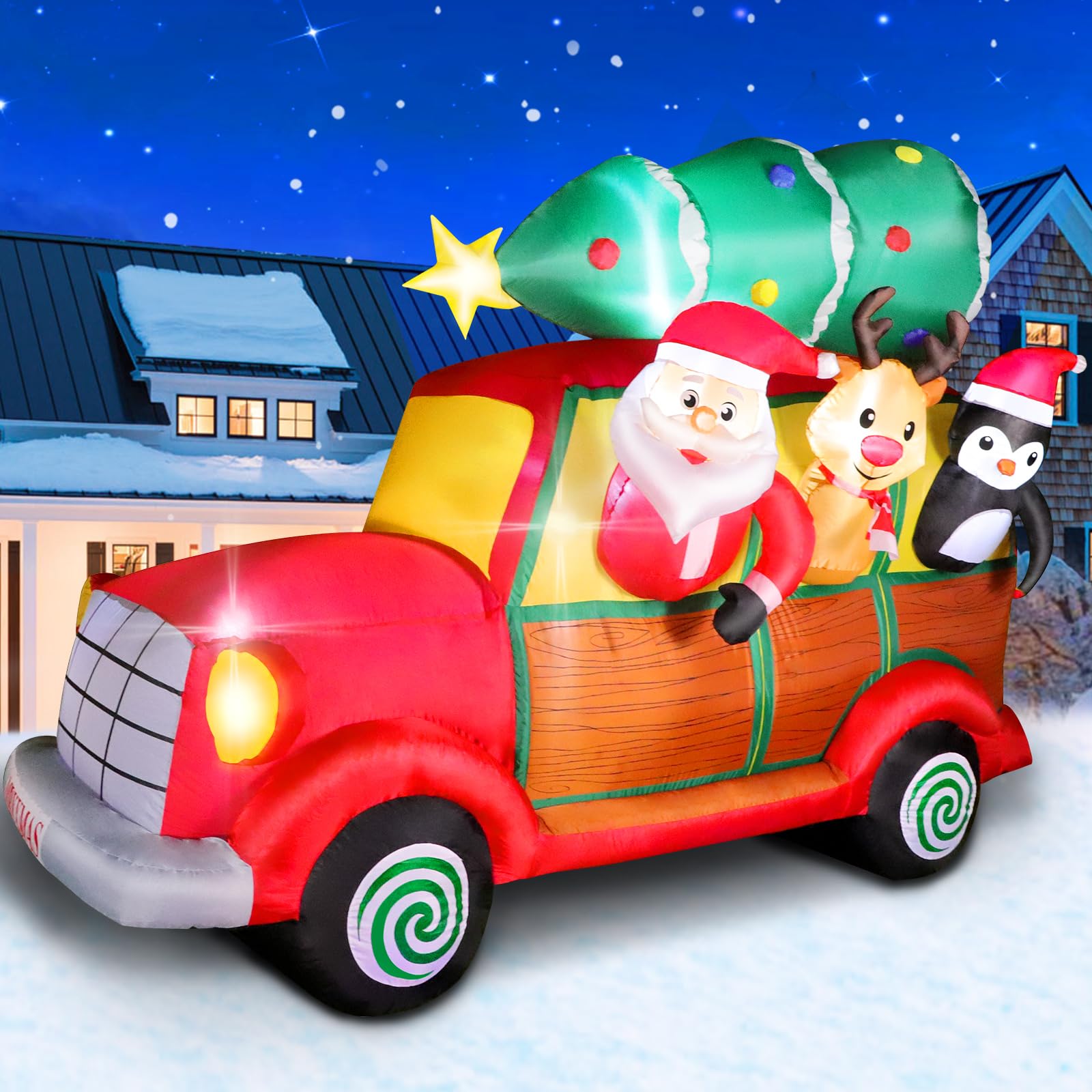 8 FT Christmas Inflatable Car with Santa Claus, Christmas Tree, Elk ...