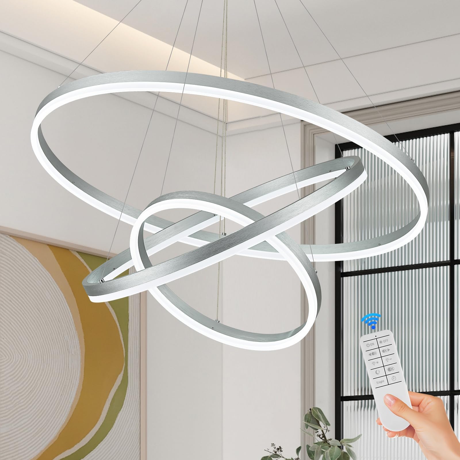 XGZL · LIGHTING 3-Rings D31.5’’ Modern LED Chandelier Silver, Dimmable ...