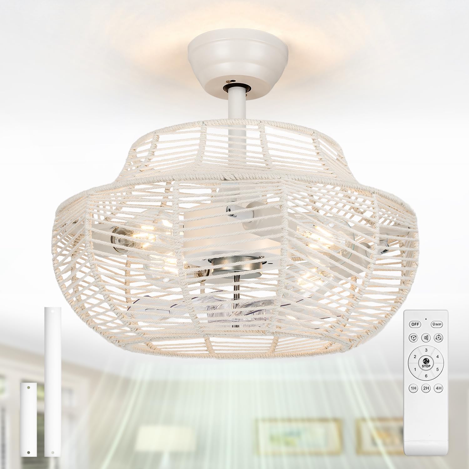 Frstem 20" Boho Ceiling Fan with Light,Rattan Caged Ceiling Fan with ...