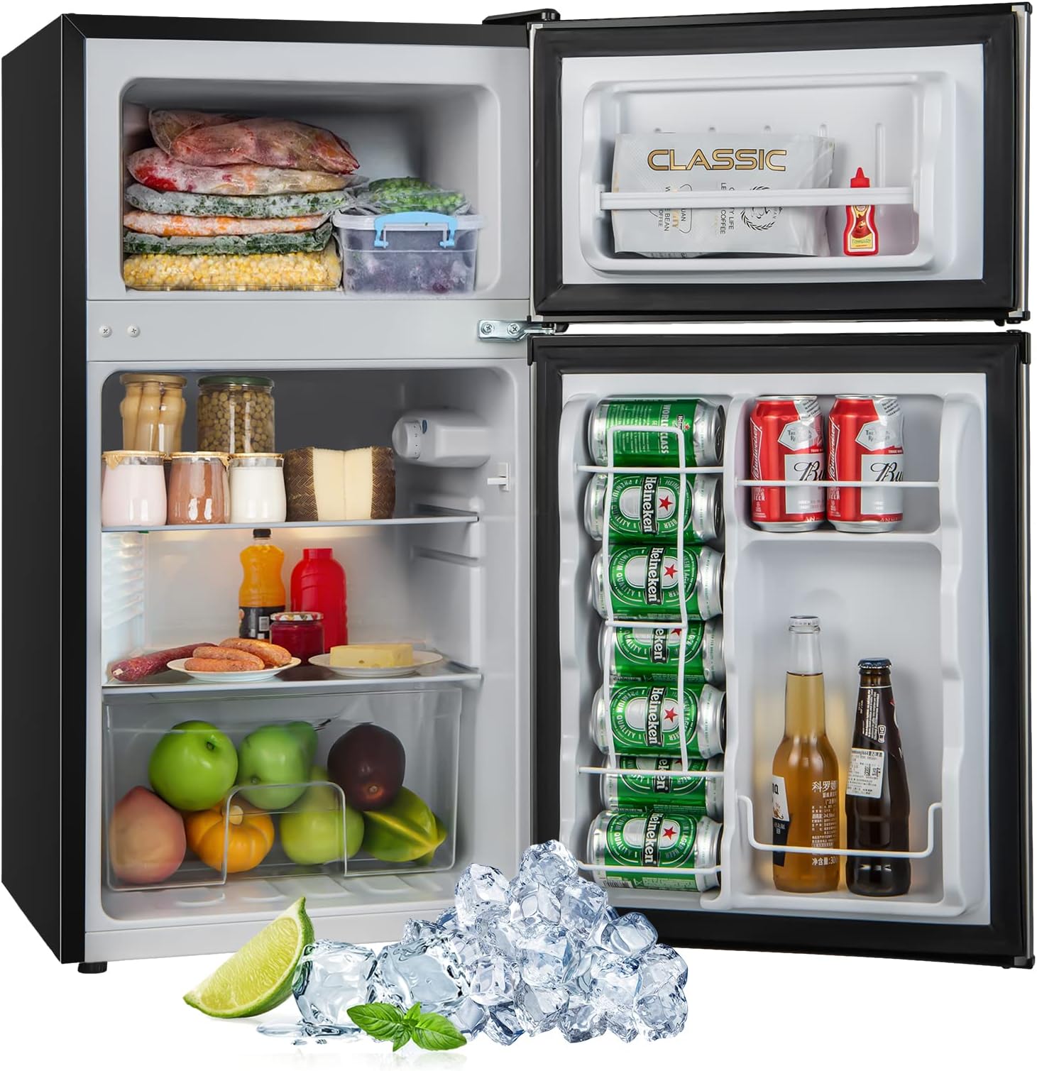 KOTEK 3.2 Cu.Ft Mini Fridge with Freezer, Silver Compact Refrigerator ...