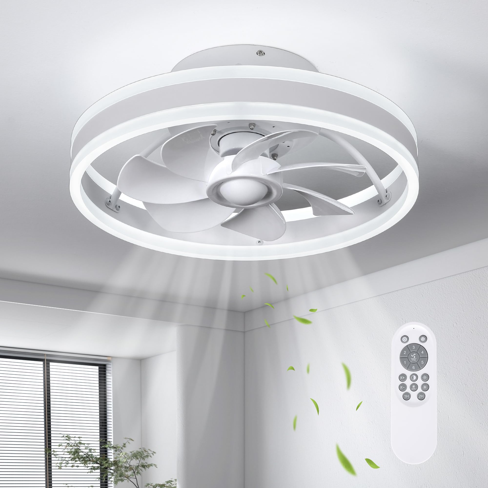 PAZALA Round LED Ceiling Fan with Light - 19 inch Low Profile Small ...