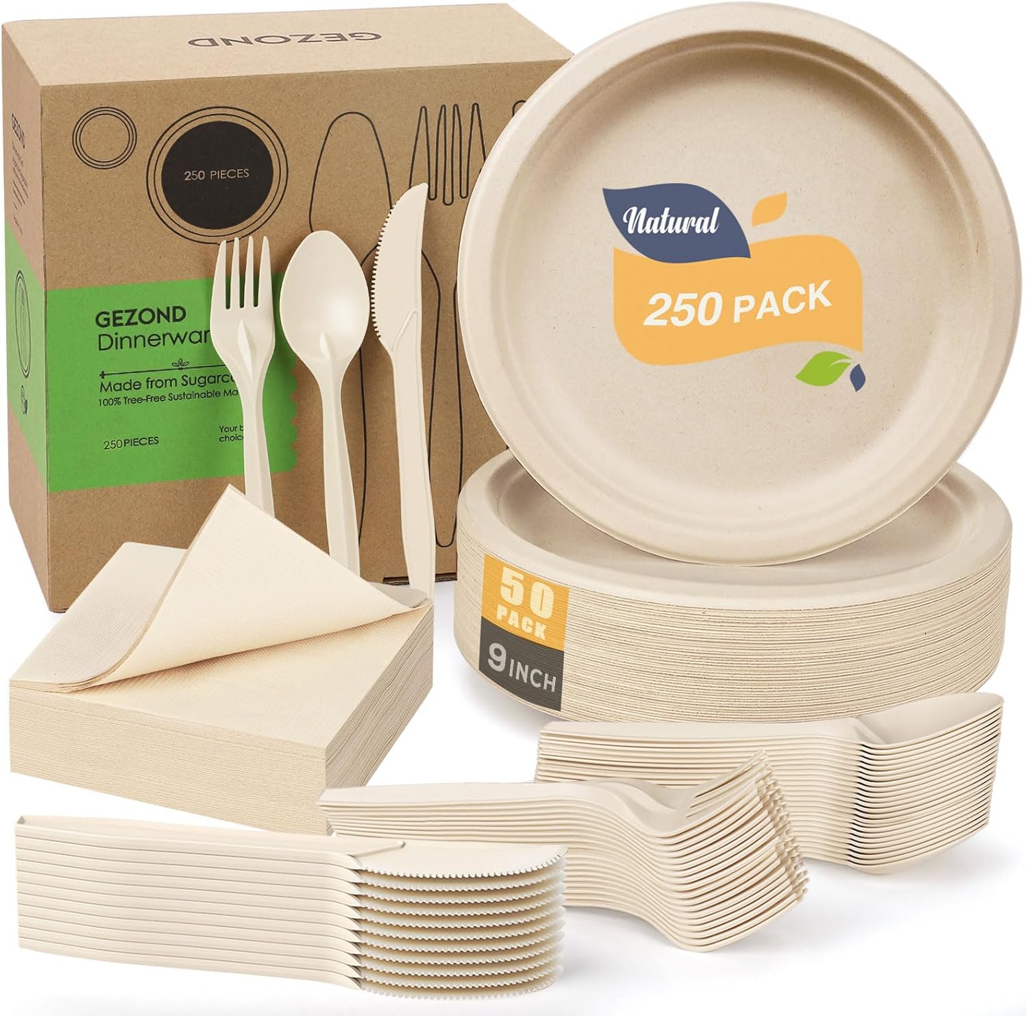 Amazon.com: Gezond 250pcs Disposable Paper Plates Set, Compostable ...