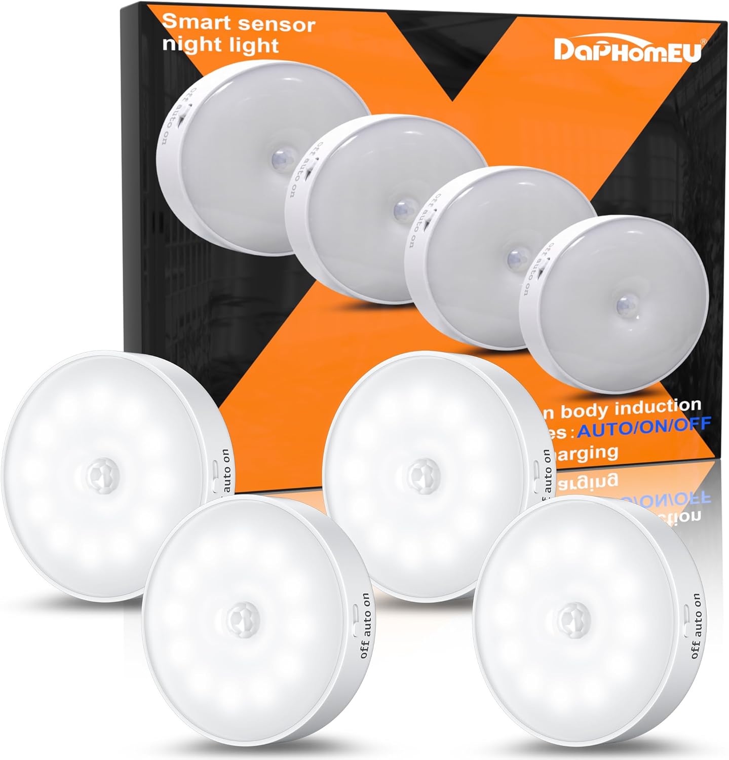 daphomeu Motion Sensor Lights Indoor,4 Pack Wireless USB Rechargeable ...
