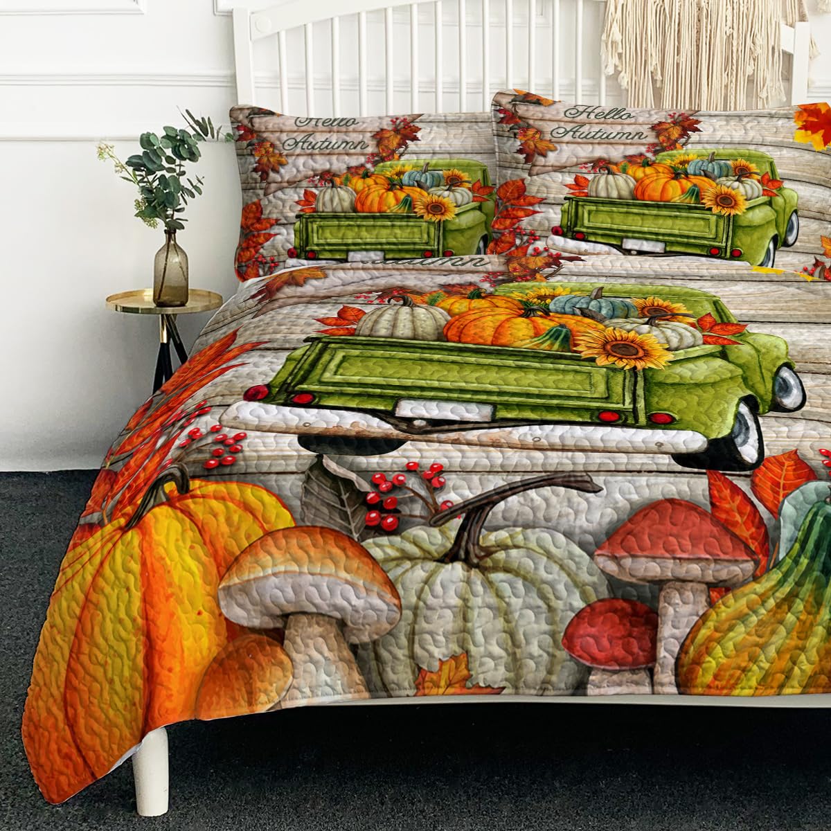 Amazon.com: BlessLiving 3 Pieces Hello Autumn Printed Quilt Set Pumpkin ...