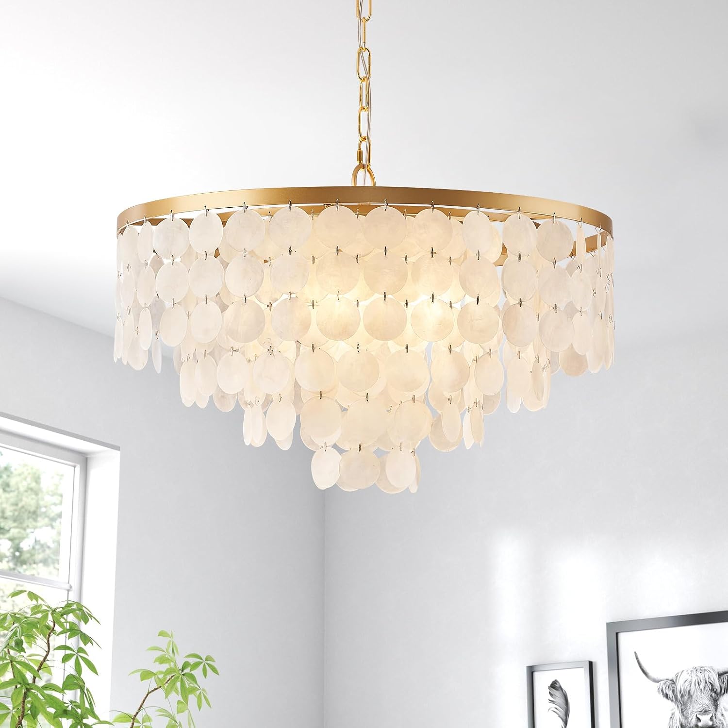 HLMRCHEN 24" Coastal Capiz Shell Chandelier 5 Light Dining Room Light ...