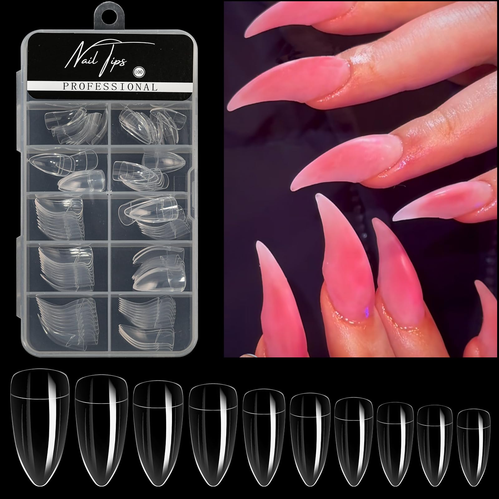 Amazon.com: 100 Pcs Halloween Nail Tips Curved Stiletto 10 Size Clear ...