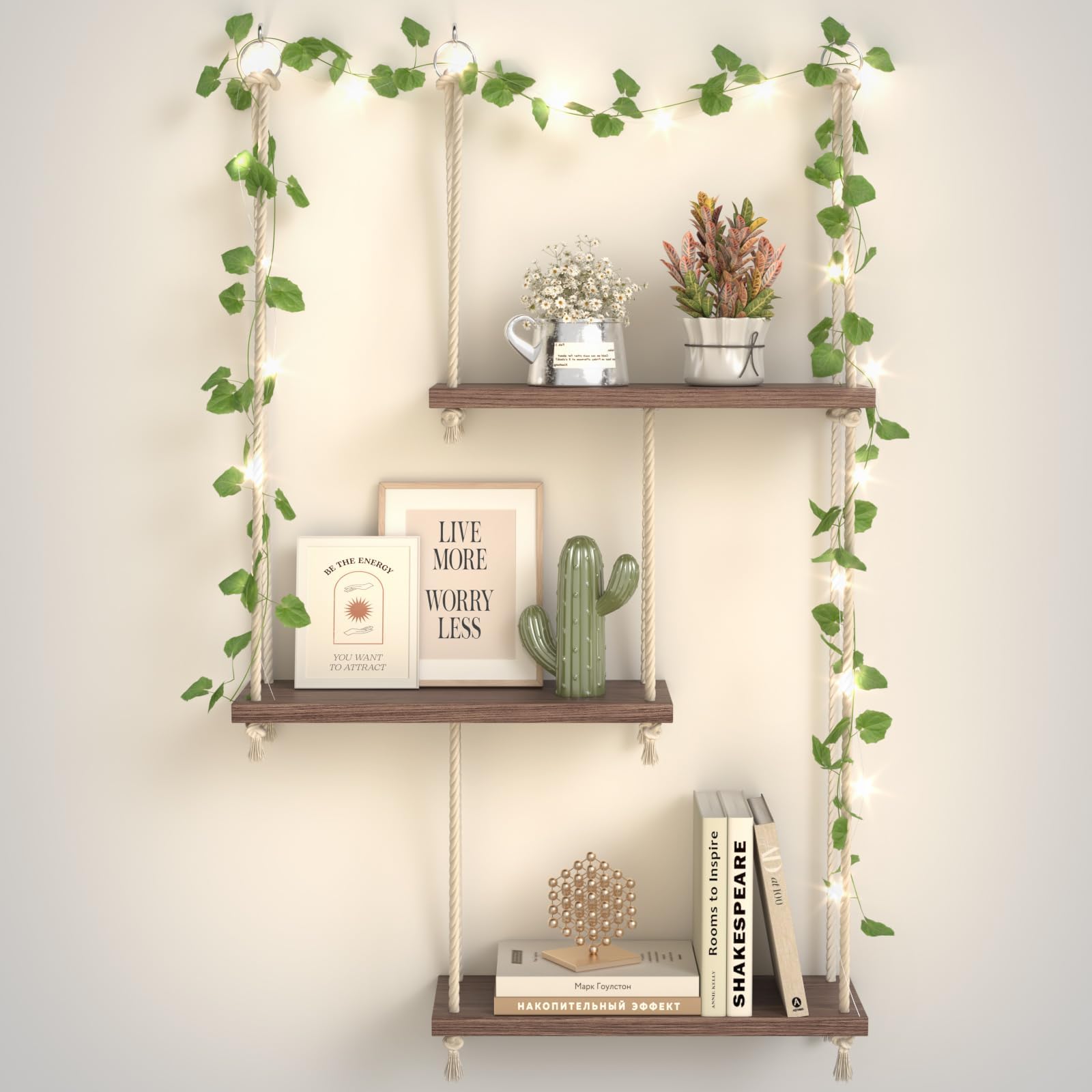 Amazon.com: REFGY Hanging Shelves for Wall with Vine Lights, 3 Tier ...