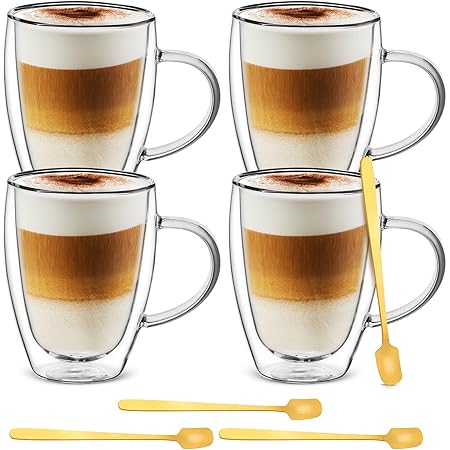Amazon.com: Cappuccino Glass Mugs, (Set of 4) 12 Ounces Double Walled ...